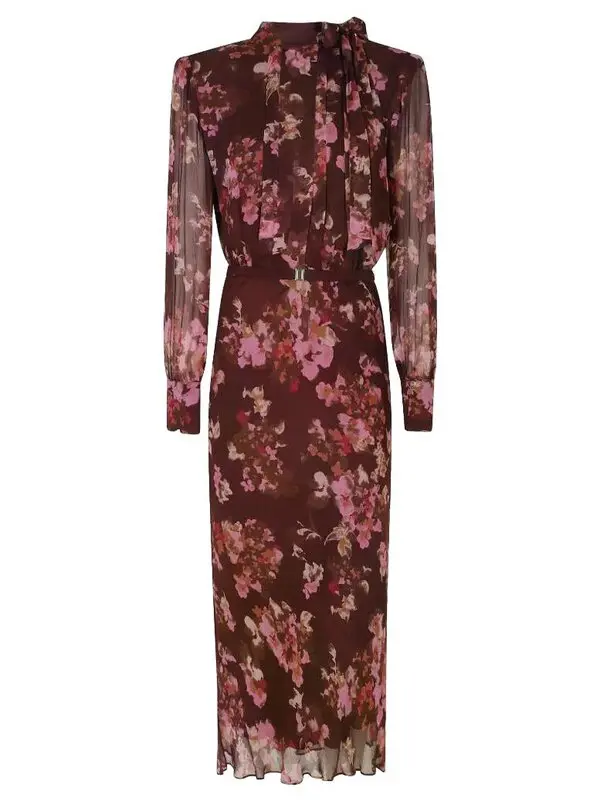 NISSA Floral Printed Viscose Midi Dress With Neck Scarf - Brown