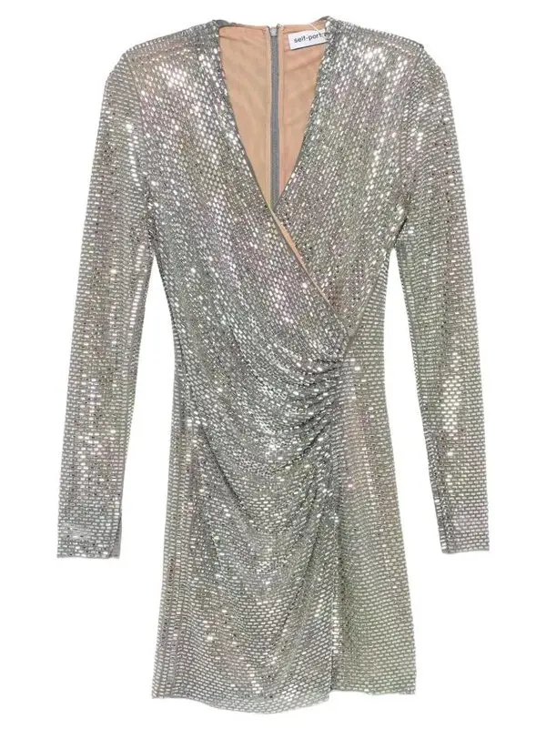 SELF-PORTRAIT Rhinestone Embellished Wrap Dress - Silver