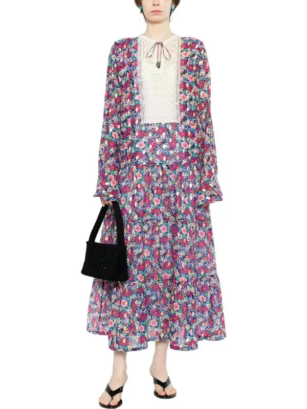 BAMBAH Isla Dress Floral Print Metallic Tiered Maxi Dress - Purple