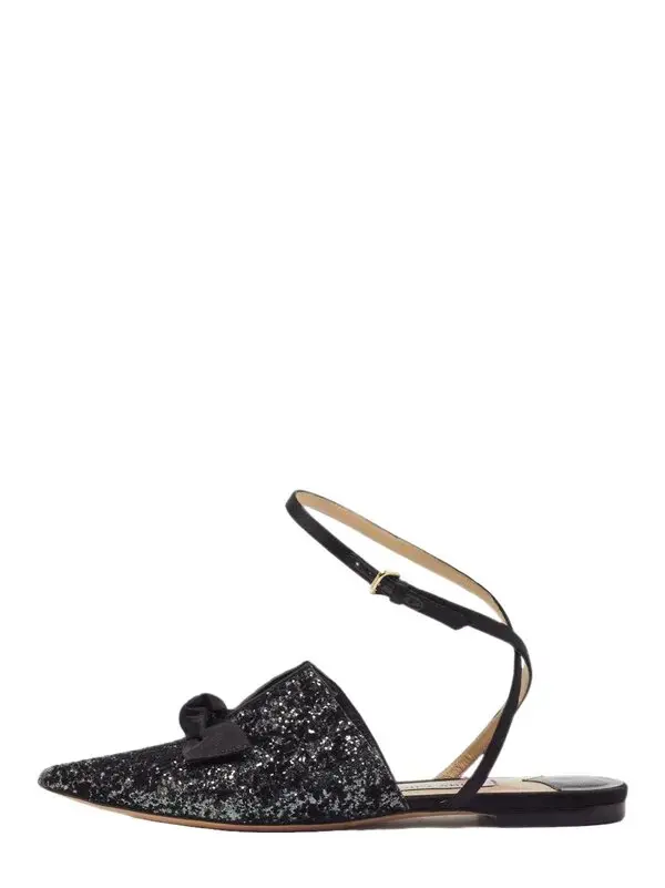 JIMMY CHOO Glitter Bow Detail Flat Mules - Black