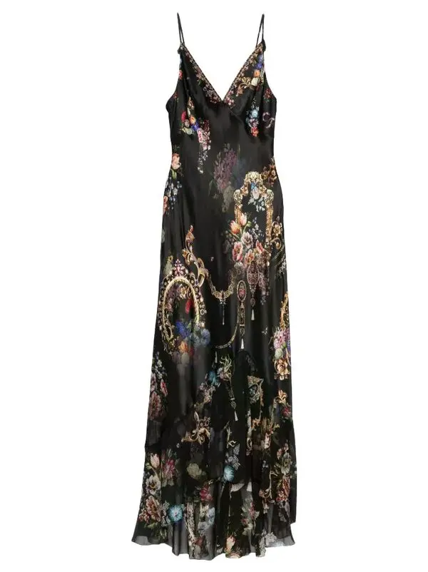 Camilla Floral-print Rhinestone-embellished Asymmetric Dress - Black