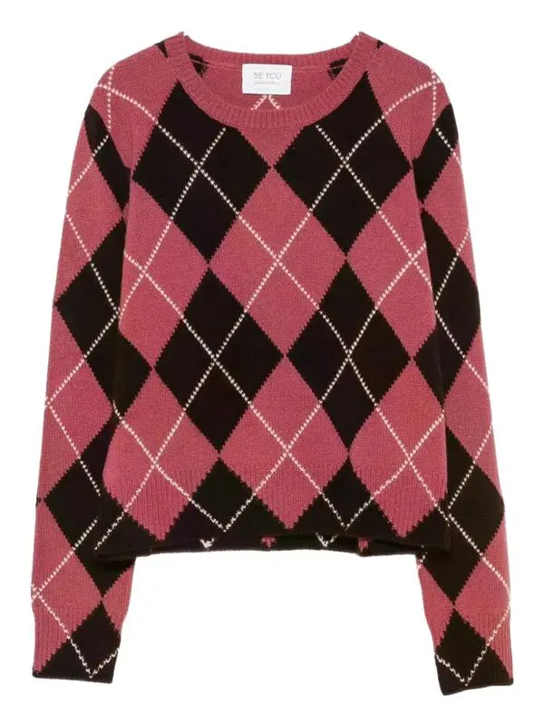 BEYOU Argyle Pattern Crew Neck Sweater - Pink