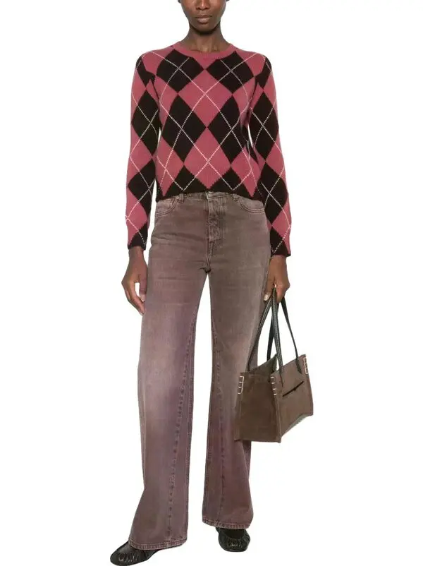 BEYOU Argyle Pattern Crew Neck Sweater - Pink