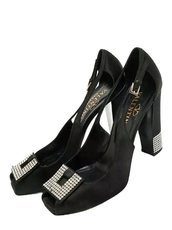 Valentino Garavani Satin Crystal Embellished Peep Toe Block Heel Pumps - Black
