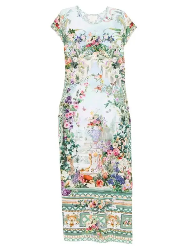 Camilla Floral Print Rhinestone Embellished Midi Dress - Blue