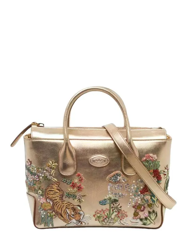 TOD'S X Rahul Mishra Embroidered Leather Tote Bag - Gold