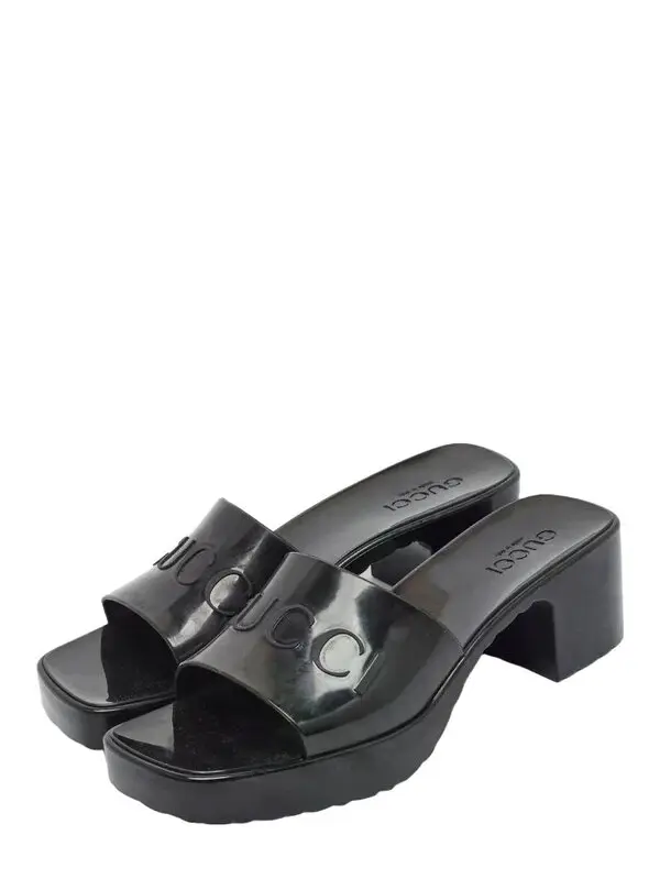 Gucci Rubber Embossed Logo Block Heel Sandals - Black