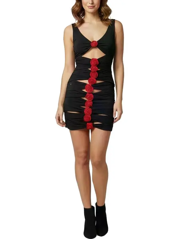 Magda Butrym Rose-embellished Ruched Mini Dress - Black
