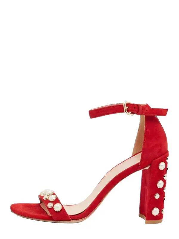 STUART WEITZMAN Suede Pearl Embellished Block Heel Sandals - Red
