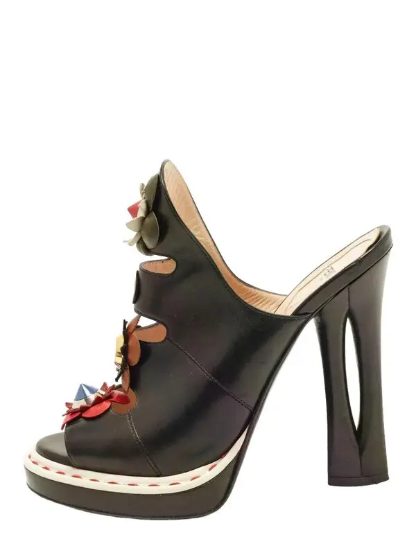 Fendi Leather Floral Appliqué Sculptural High Heel Platform Sandals - Black