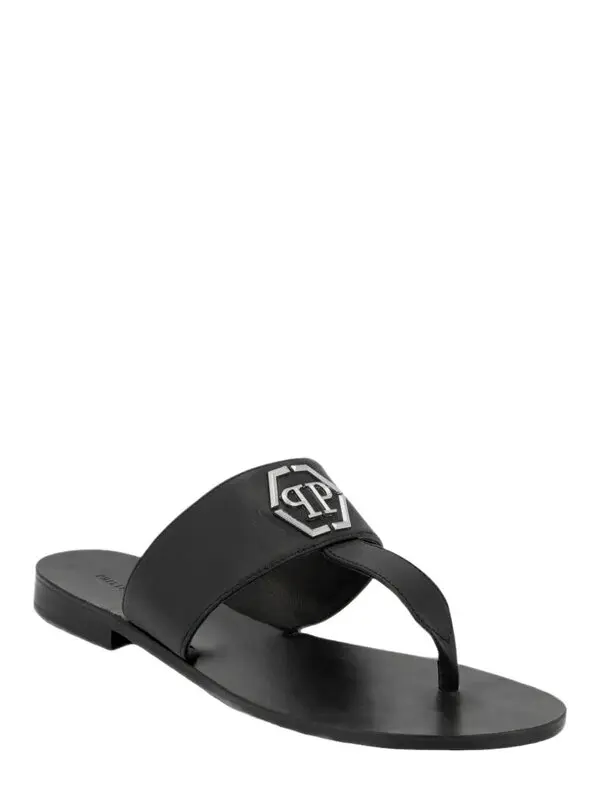 Philipp Plein Leather Flat Sandals With Hexagon Logo Plaque - Black