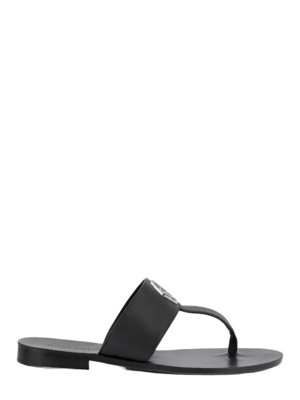 Philipp Plein Leather Flat Sandals With Hexagon Logo Plaque - Black