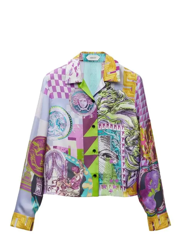 Versace Printed Silk Twill Long Sleeve Shirt With Medusa Buttons - Purple