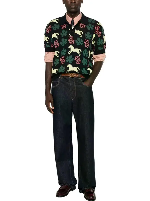 Drole De Monsieur Horse-print Jacquard-knit Polo Shirt - Black