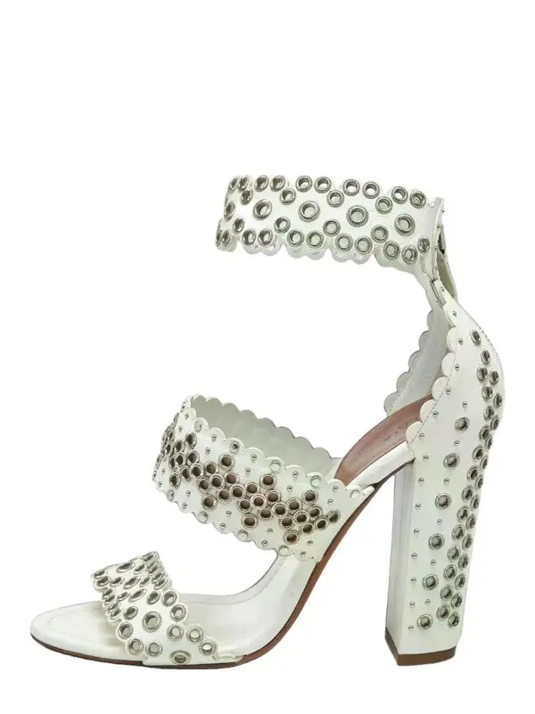 Alaïa Leather Scalloped Grommet High Block Heel Sandals - White
