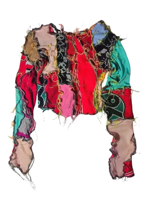 BORBALA Patchwork Frayed Edge Sweater - Red