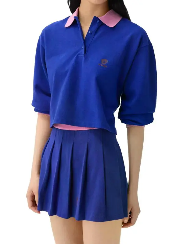 Versace Medusa Logo Embroidered Cropped Cotton Piqué Polo - Blue