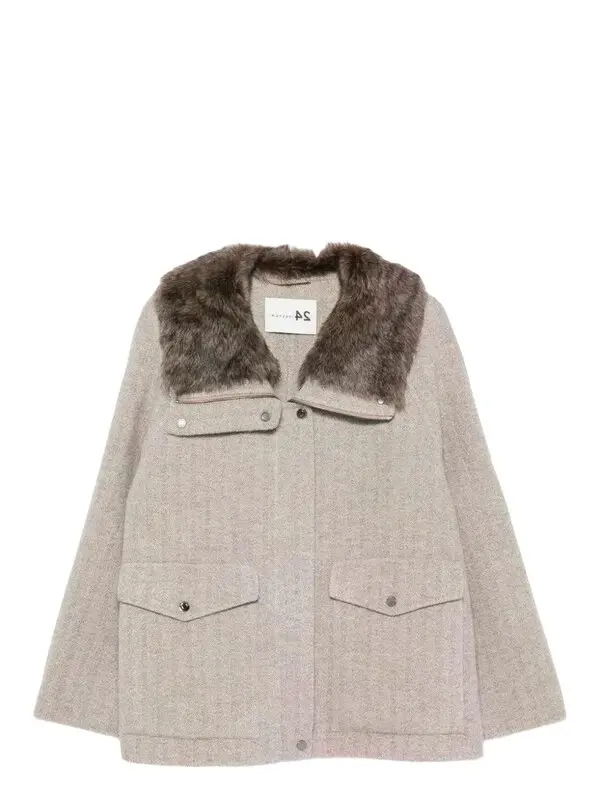 MANZONI 24 Beige Herringbone Weave Jacket With Fur Collar - Neutrals