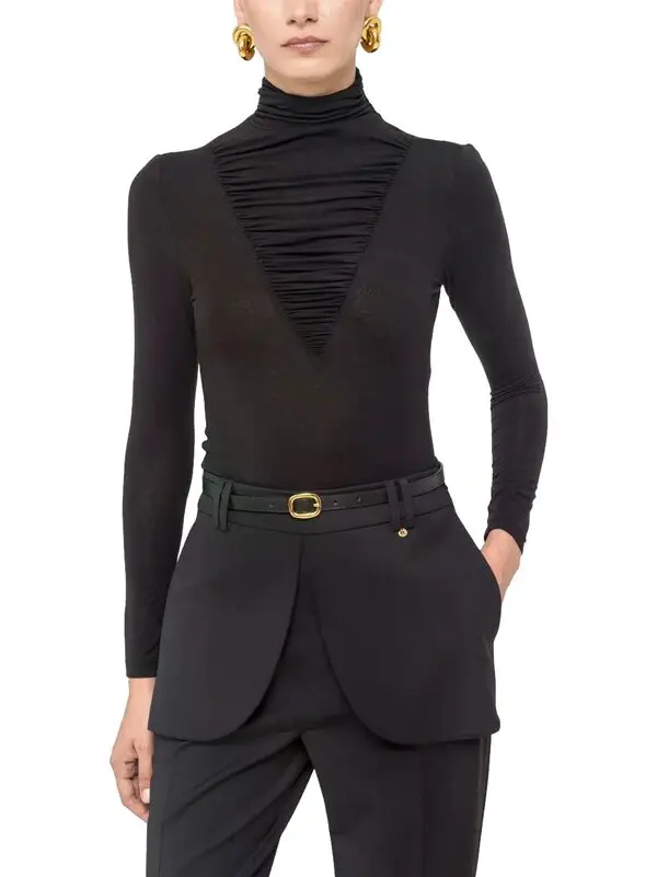 NISSA Lyocell-wool Blend Turtleneck Top With Ruched Detailing - Black