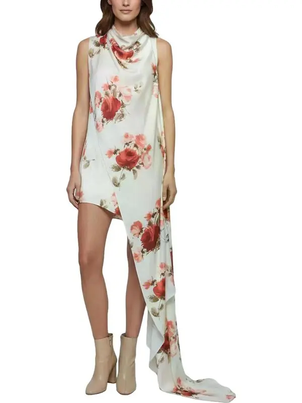 Magda Butrym Floral Print Sleeveless Cowl Neck Asymmetric Hem Dress - Neutrals