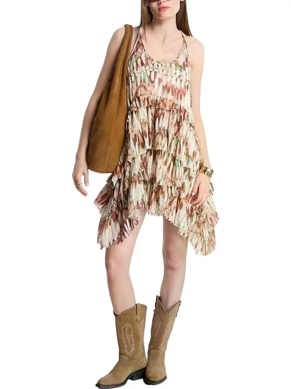 ALLSAINTS Cavalry Feather-print Tiered Mini Dress - Neutrals