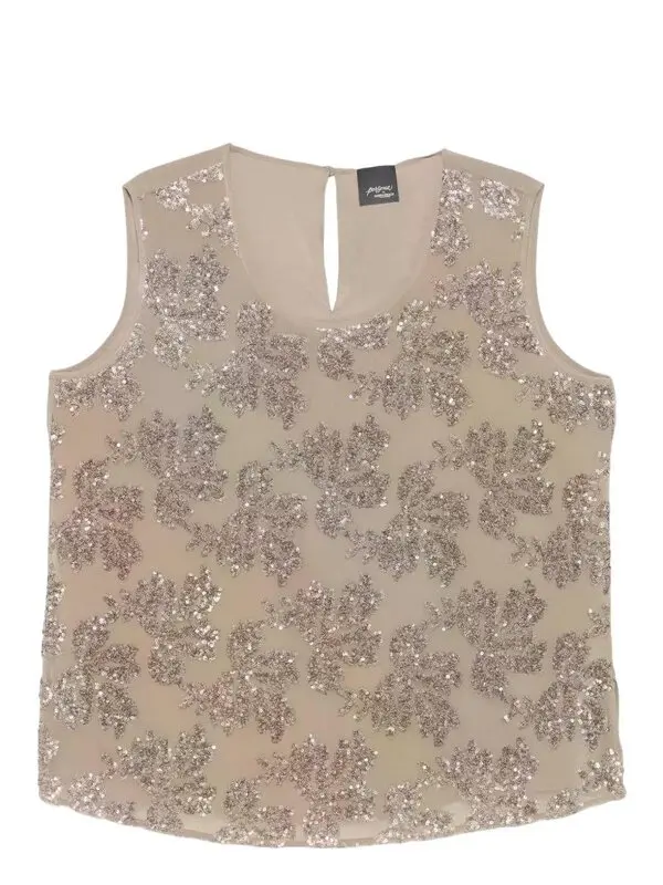 Marina Rinaldi Taupe Sequin Embellished Floral Sleeveless Top - Neutrals