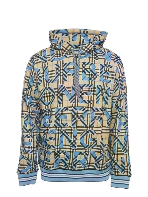Burberry Checked Logo Print Cotton Knit Hoodie - Neutrals