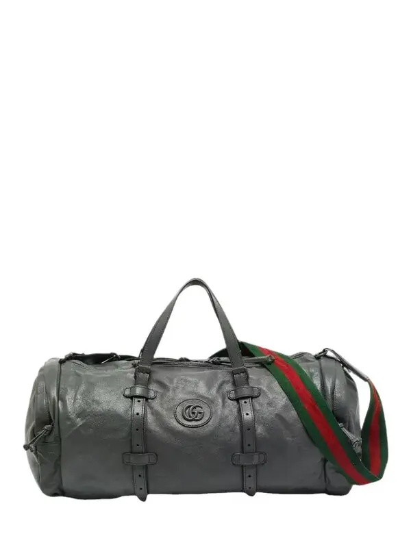Gucci Leather Logo Plaque Duffel Travel Bag - Grey