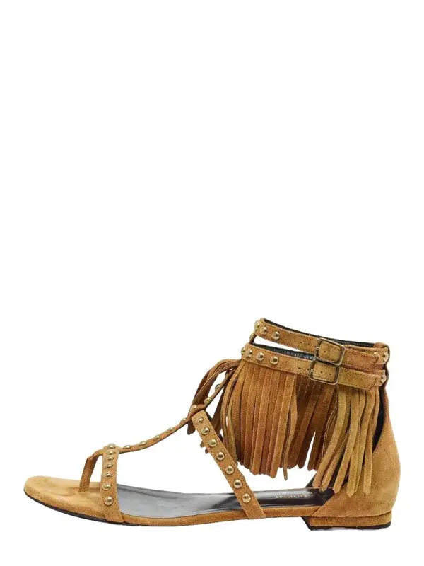 Saint Laurent Fringed Studded Sandals - Brown
