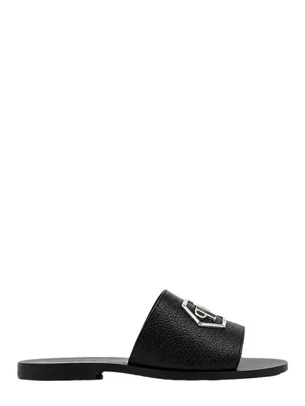 Philipp Plein Big Hexagon Leather Slides - Black