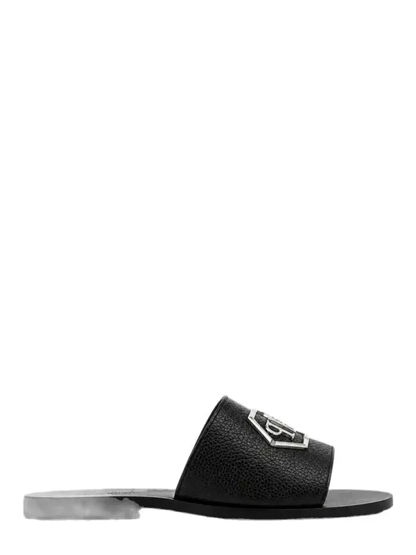 Philipp Plein Big Hexagon Leather Slides - Black