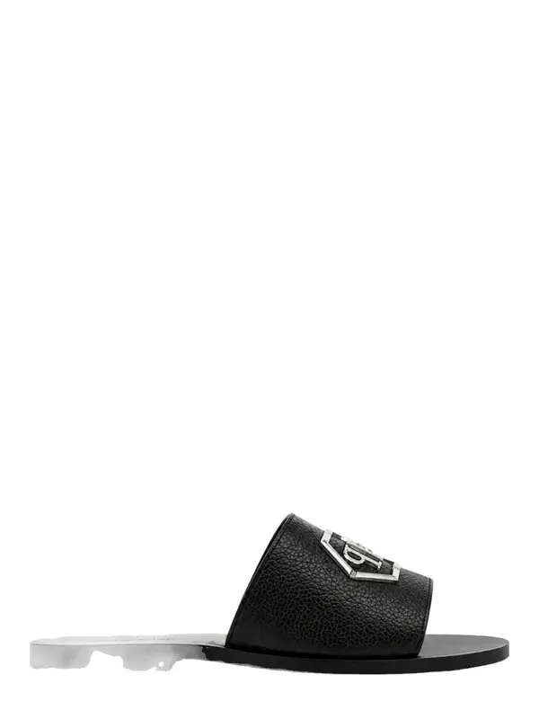 Philipp Plein Big Hexagon Leather Slides - Black