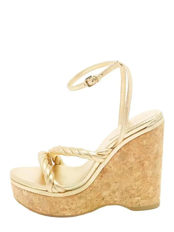 JIMMY CHOO Tone Metallic Wedge Sandals With Twisted Straps And Buckle Fastening - Gold