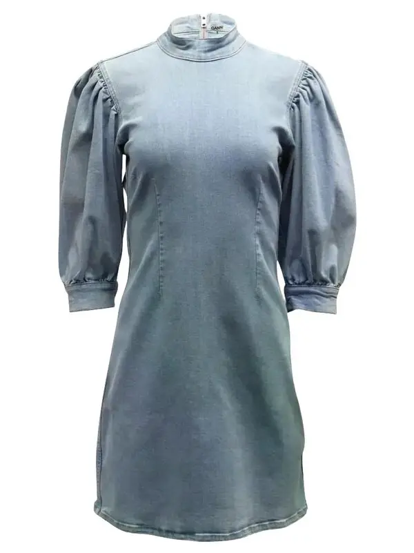 GANNI Puff Sleeve Mock Neck Mini Dress - Blue
