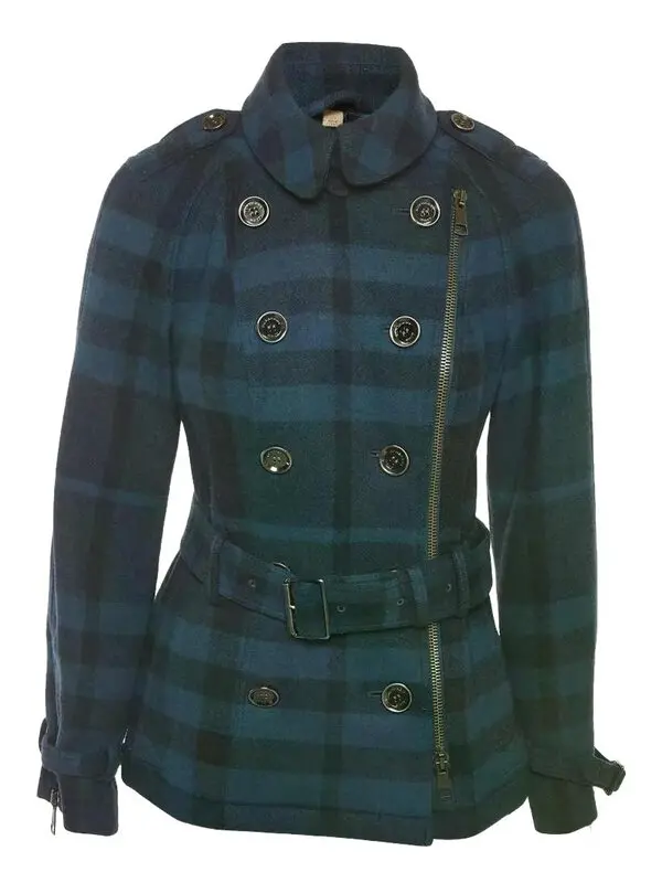 Burberry Plaid Belted Double-breasted Jacket - Blue