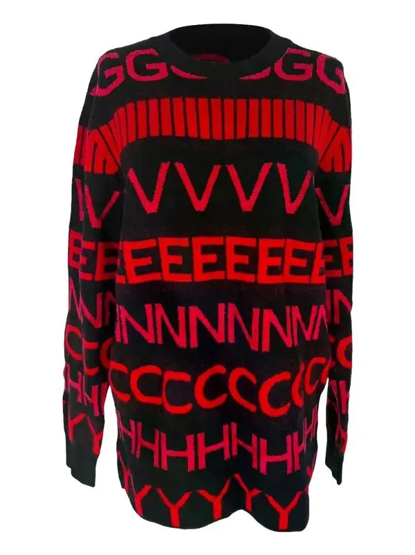Givenchy Red Intarsia Knit Logo Crew Neck Sweater - Black