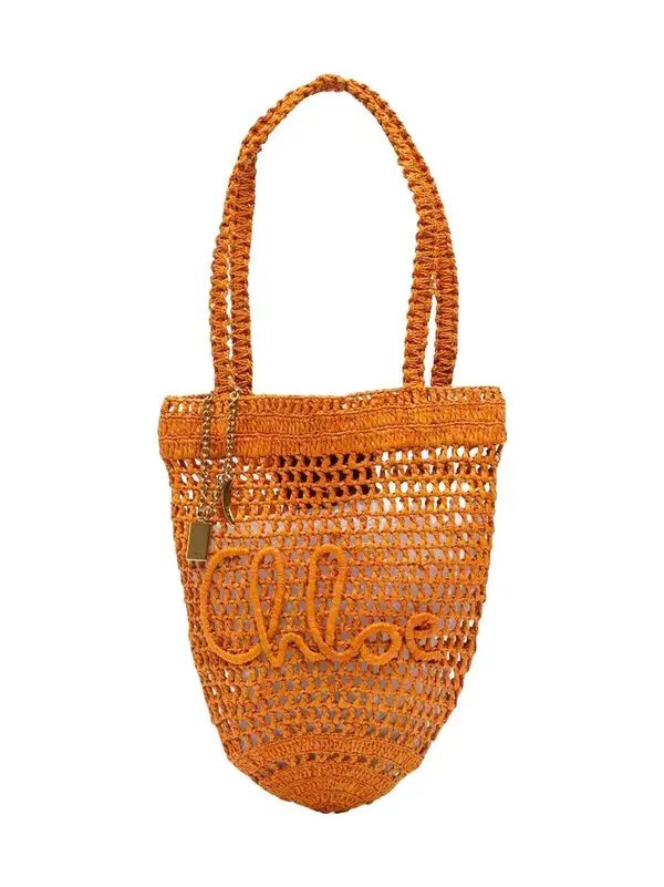 Chloé 2025 Small Raffia Embroidered Logo Summer Banana Tote Bag - Orange