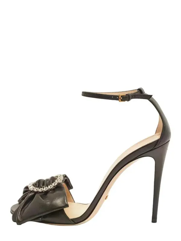 Gucci Leather Crystal Embellished Bow Trim Stiletto Sandals - Black