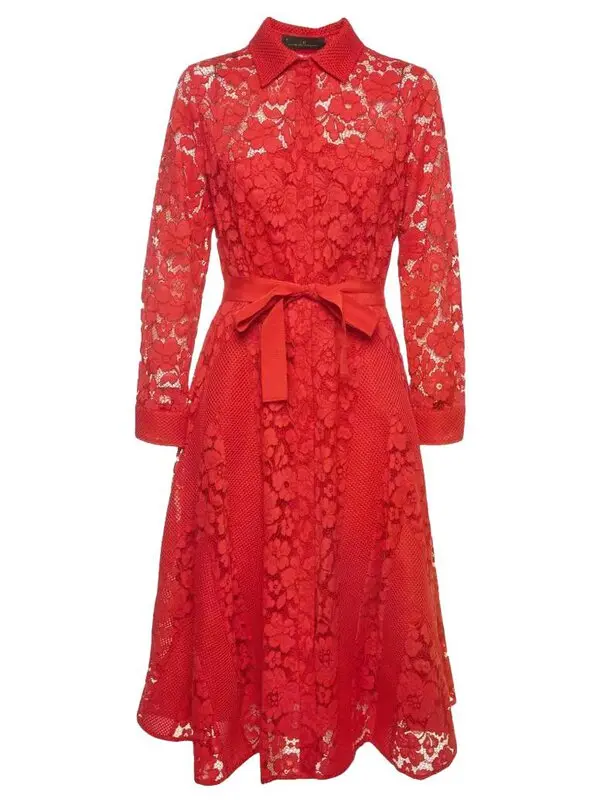 Carolina Herrera Midi Belted Lace Dress - Red
