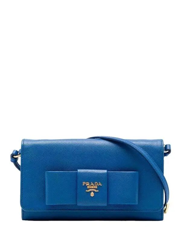 Prada 2013-2026 Saffiano Lux Bow Wallet On Strap Crossbody Bag - Blue