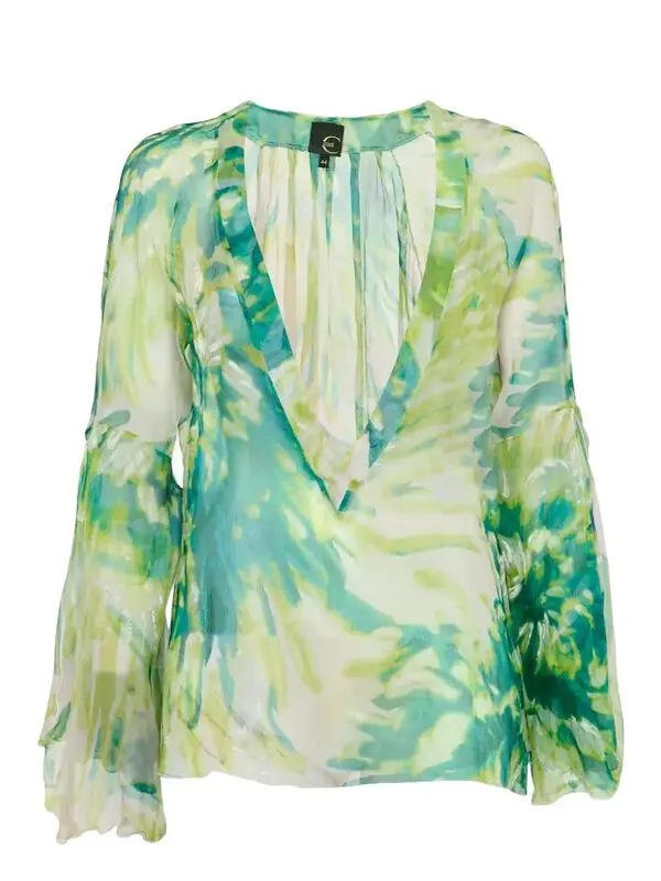 Just Cavalli Printed Sheer Silk Chiffon Blouse - Green