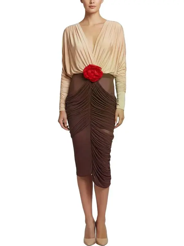 Magda Butrym Ruched V-neck Midi Dress - Brown