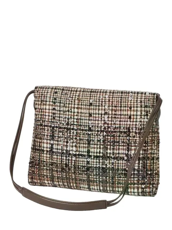 Brunello Cucinelli Pouch Bag In Water-resistant Checked Alpaca And Wool With Dazzling-degradé Embroidery - Brown