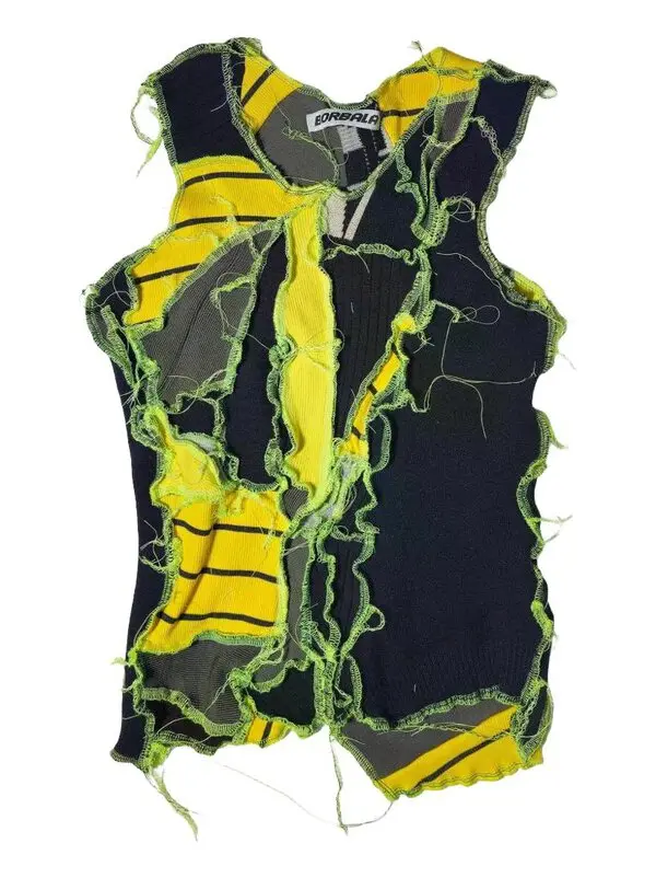 BORBALA Patchwork Frayed Tank Top - Black