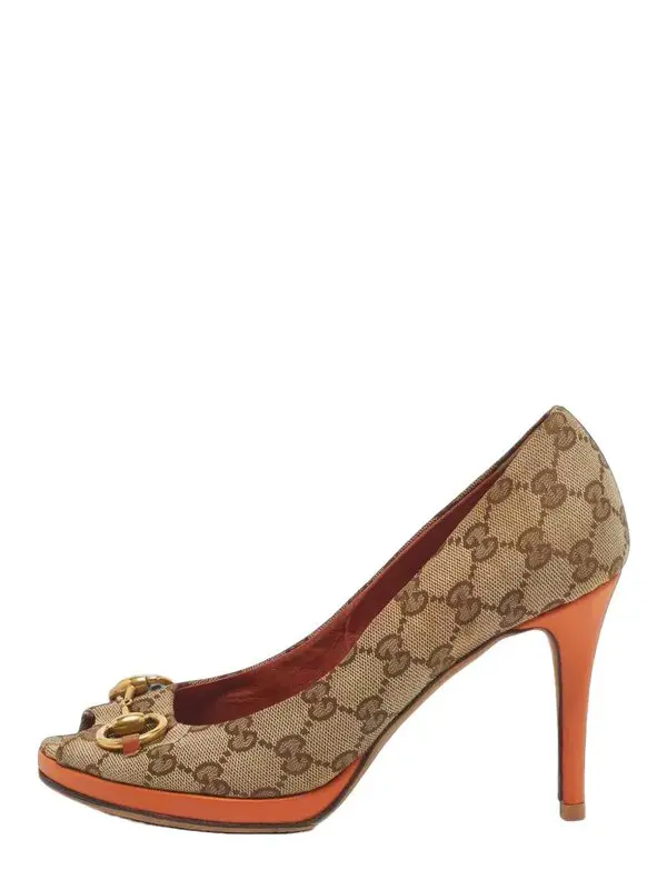Gucci Horsebit Gg Canvas Peep Toe Pumps - Brown
