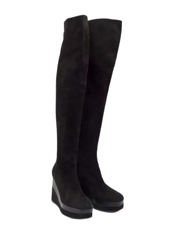 Hermès Suede Platform Wedge Knee-high Boots - Black