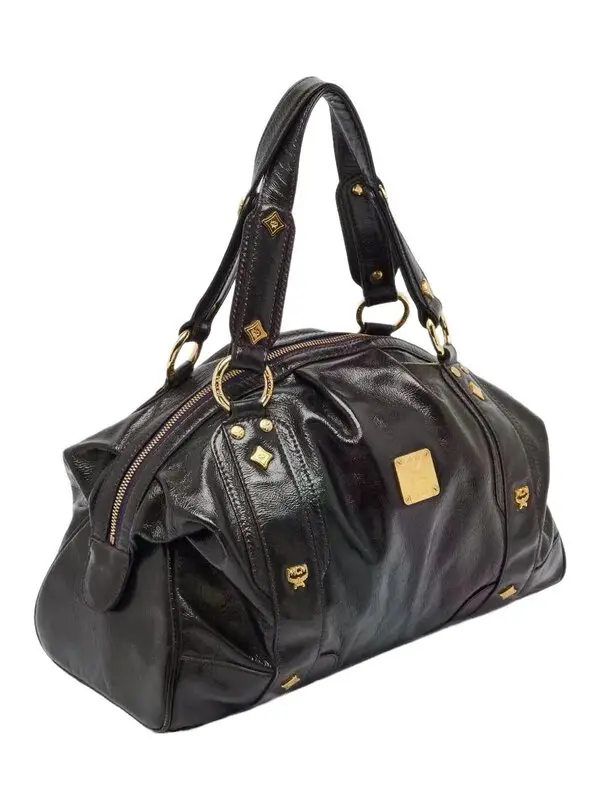 Mcm Studded Patent Leather Satchel Bag - Brown