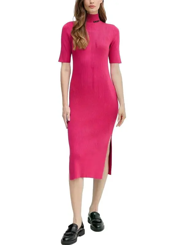 Dkny Logo-embroidered Ribbed-knit Midi Dress - Pink