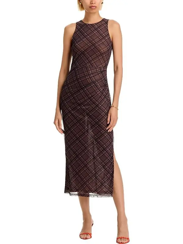 Aqua Plaid Mesh Sleeveless Midi Dress - Brwn Multi