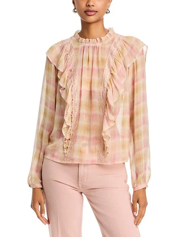 Aqua Plaid Ruffle Lace Inset Top - Pink Plaid